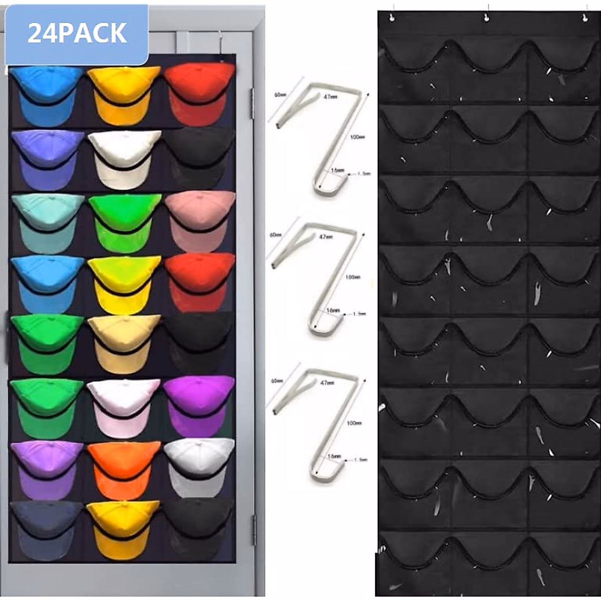 KHIKILY Baseball Hat Rack, 24 Pocket Over-The-Door Cap Organizer with Clear Deep Pockets Wall Mount Bag for Baseball Caps and Hats (Black)