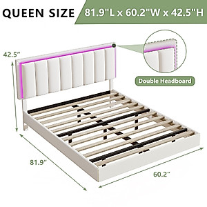 IMMERSTABLE Floating Bed Frame Queen with RGB LED Lights, Upholstered Bed Frame Queen with Headboard, Solid Wood Slats Support, Queen Bed Frame No Box Spring Needed, Noise-Free, Easy Assembly, White