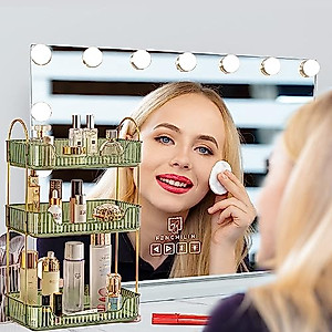 Dingfeng Makeup Organizer for Vanity, Transparent Storage Tray for Vanity Skin Care Products. Large Capacity Bathroom Kitchen and Other Multi-Functional Counter Storage Bracket, Green, 3 Tier