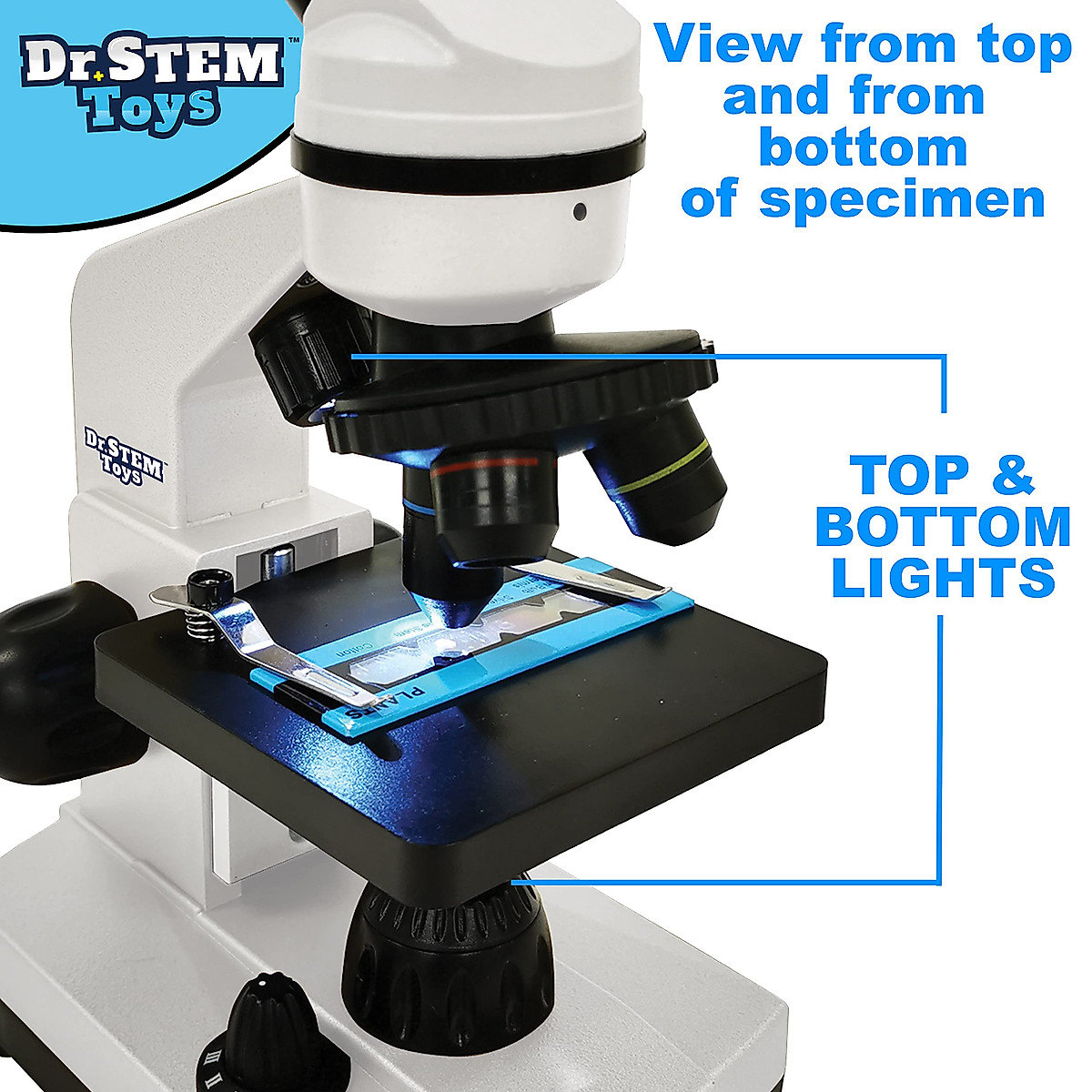 Dr. STEM Toys 39 Piece Microscope Kit for Kids with Top and Bottom Lights, Specimen Slides, 40X, 100X, and 400X Adjustable Lenses - for Kids and Schools (Ages 8+), White