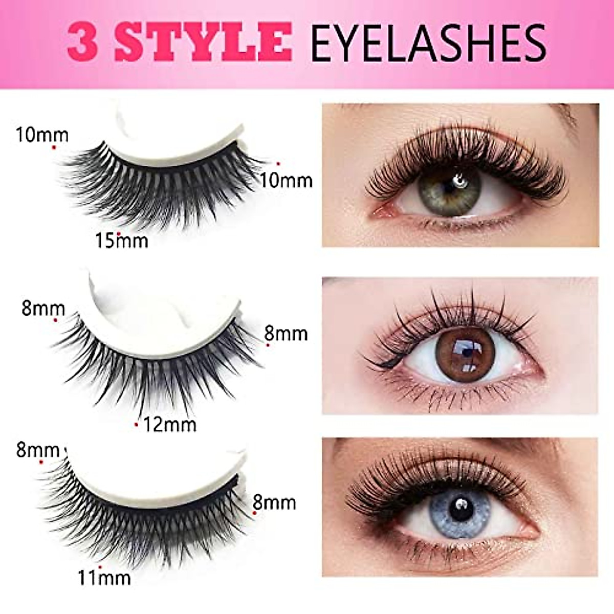 Ksiliup Reusable Self Adhesive Eyelashes 3 Styles False Eyelashes No Eyeliner or Glue Needed Stable False Lashes Natural Look Easy to Put On Waterproof Fake Eyelashes (3 Styles)