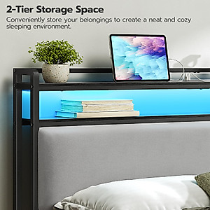 HOOBRO King Size Upholstered Headboard, Storage Headboard with Charging Station and Adjustable LED Lights, 2 Standard Outlets and 2 USB Ports, King Headboard Only, Easy Assembly, Black and Gray