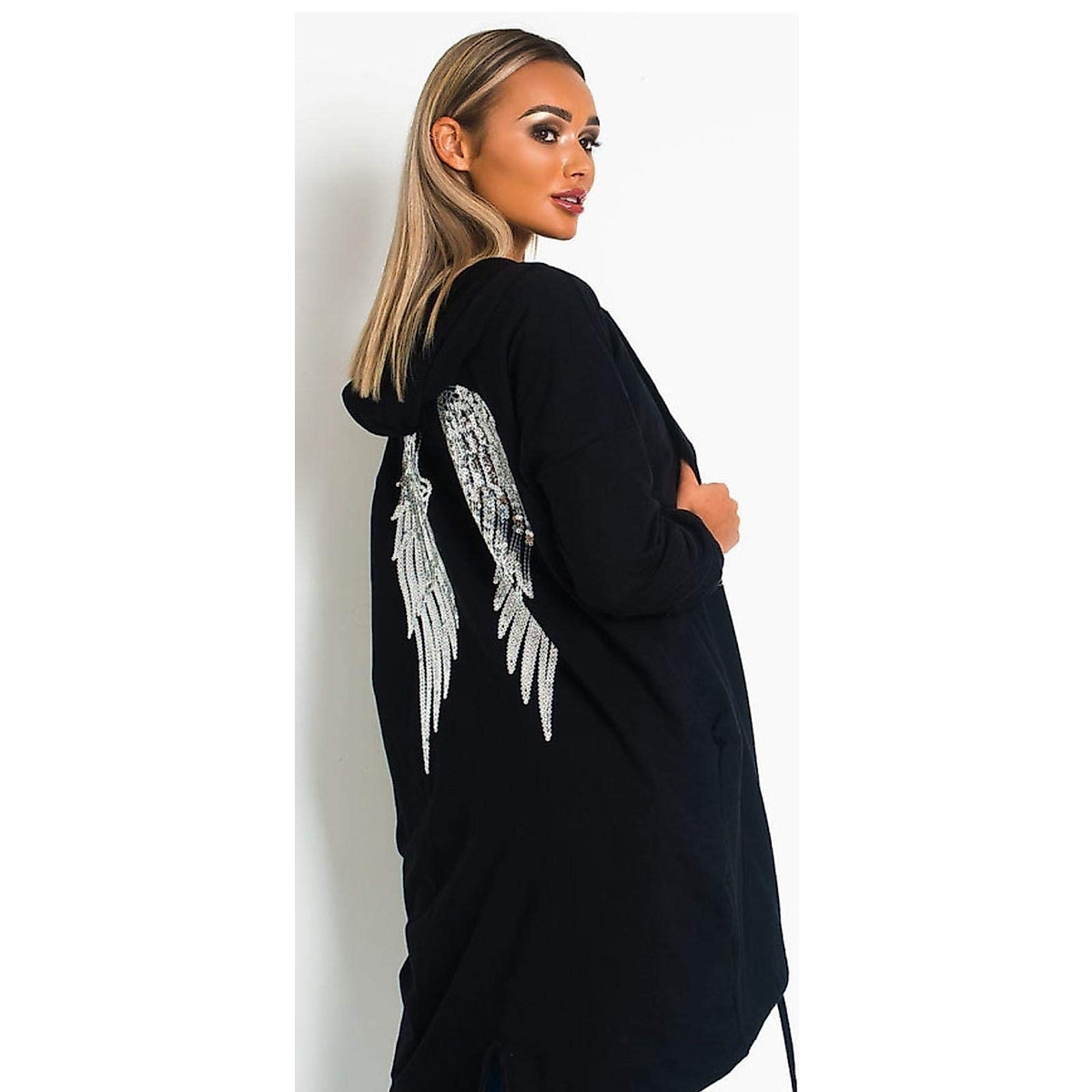 Cima Mode Womens Sequin Angel Wings Back Baggy Oversized Hoodie Cardigan Jacket Sweatshirt Top Black
