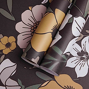 Abyssaly Vintage Large Floral Peel and Stick Wallpaper Boho, Retro Removable Flower Contact Paper for Bathroom, Dark/Sand/Green Vinyl Self Adhesive Wall Paper 17.7inchesx118inches