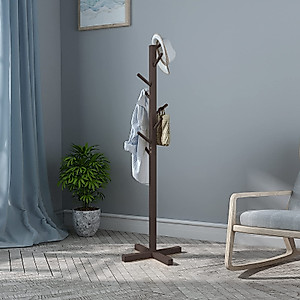 Tiasott Wooden Coat Rack Stand,Free Standing Tree Hanger,Standing Coat Rack with 8 Hooks,Hallway Entryway Clothes Hanger for Suits,Hats,Scarves,Handbags,Umbrella,Brown