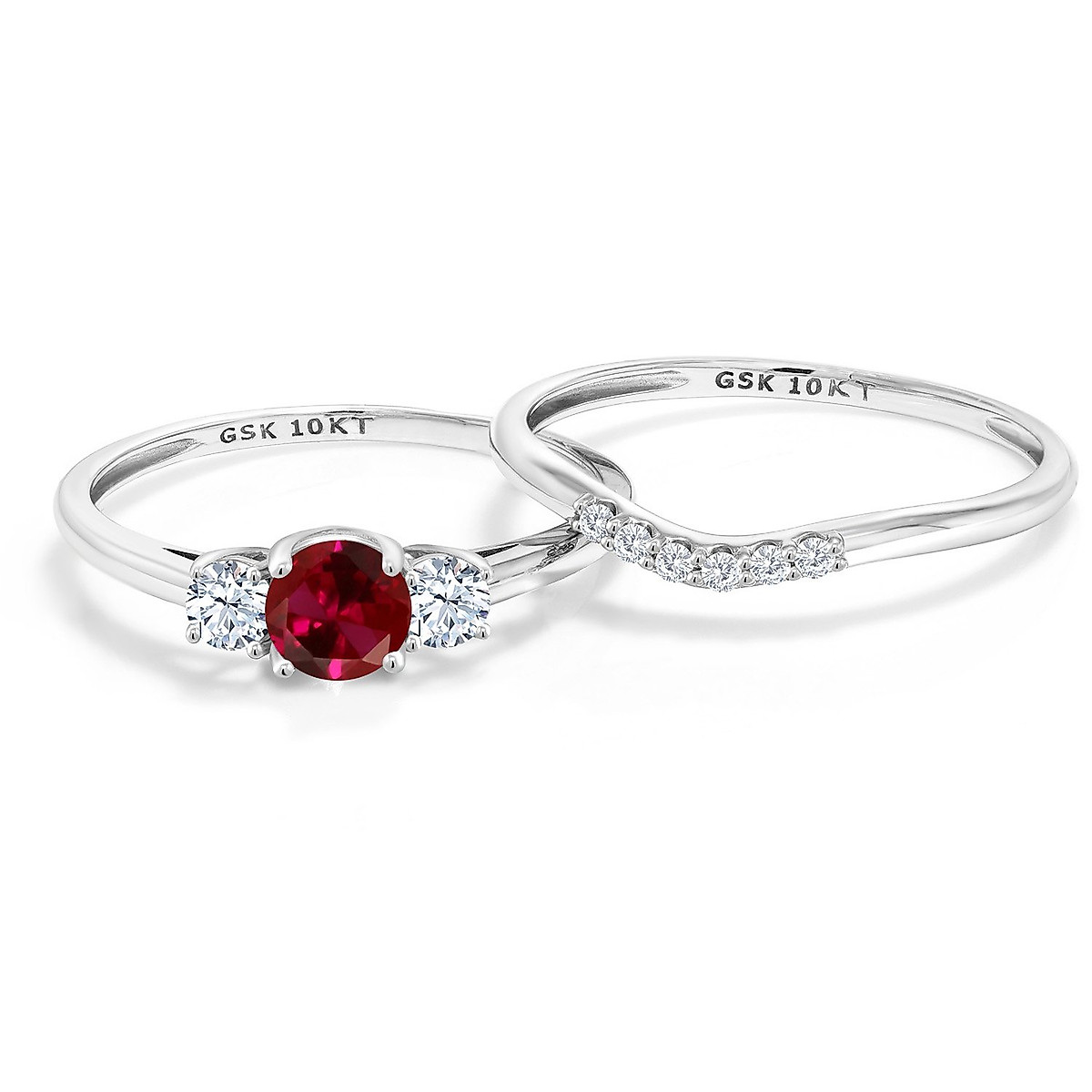 10K White Gold Red Created Ruby and White Created Sapphire and White Lab Grown Diamond 3-Stone Bridal Engagement Wedding Ring Set For Women (0.93 Cttw, Gemstone July Birthstone, Round 5MM, Size 6)