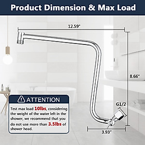 PDPBath Shower Extension Arm, 12" Upgrade Solid Brass Shower Head Shower Head Extender, Adjustable Height Extended with G1/2 Universal Connection for Large Vertical Rainfall Shower Head - Chrome