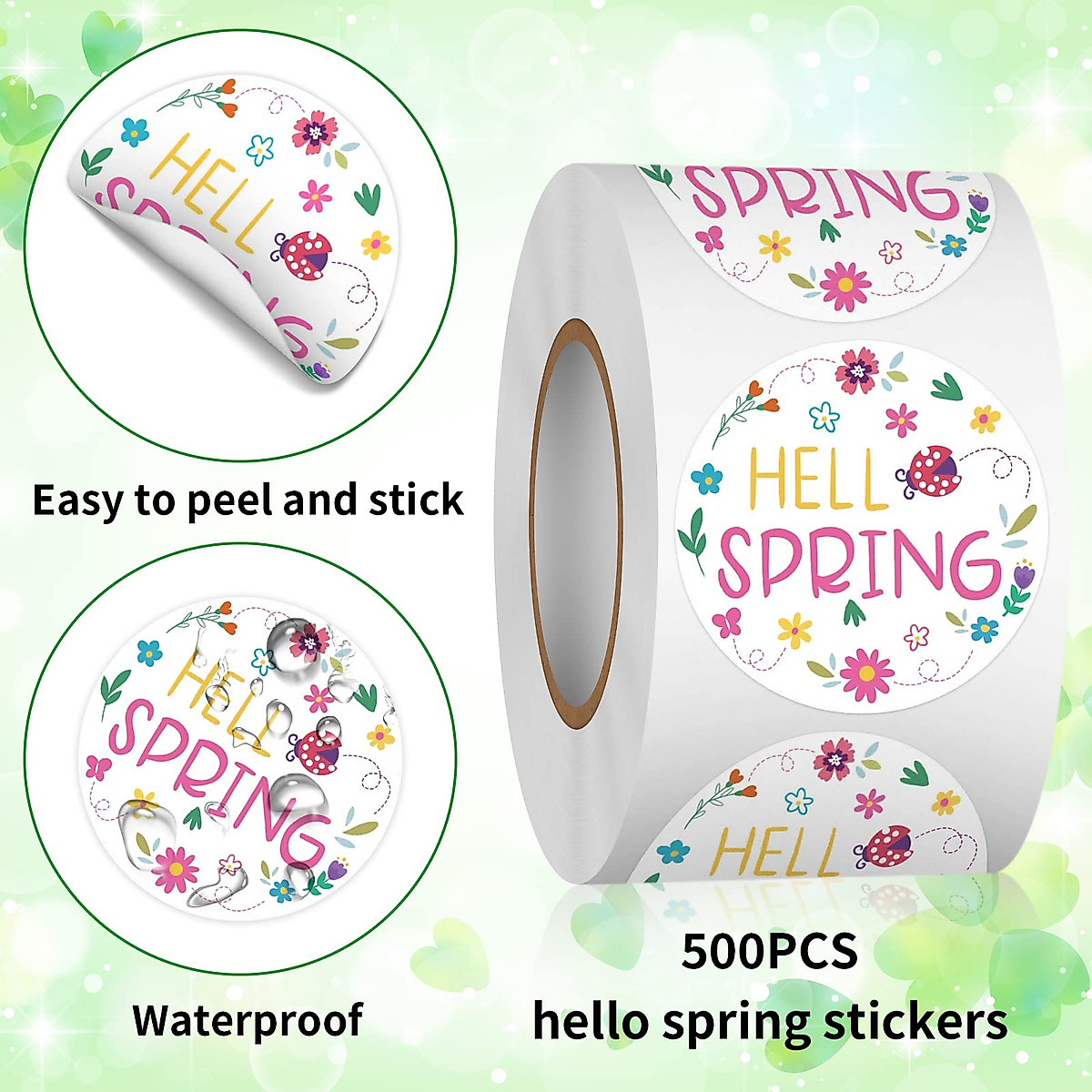 Heyfibro 500PCS Hello Spring Sticker Rolls, 1.5 Inches Round Label Stickers for Kids and Adults, Spring Holiday Stickers for Gift Packing, Cards, Candy Bags, Party Supplies