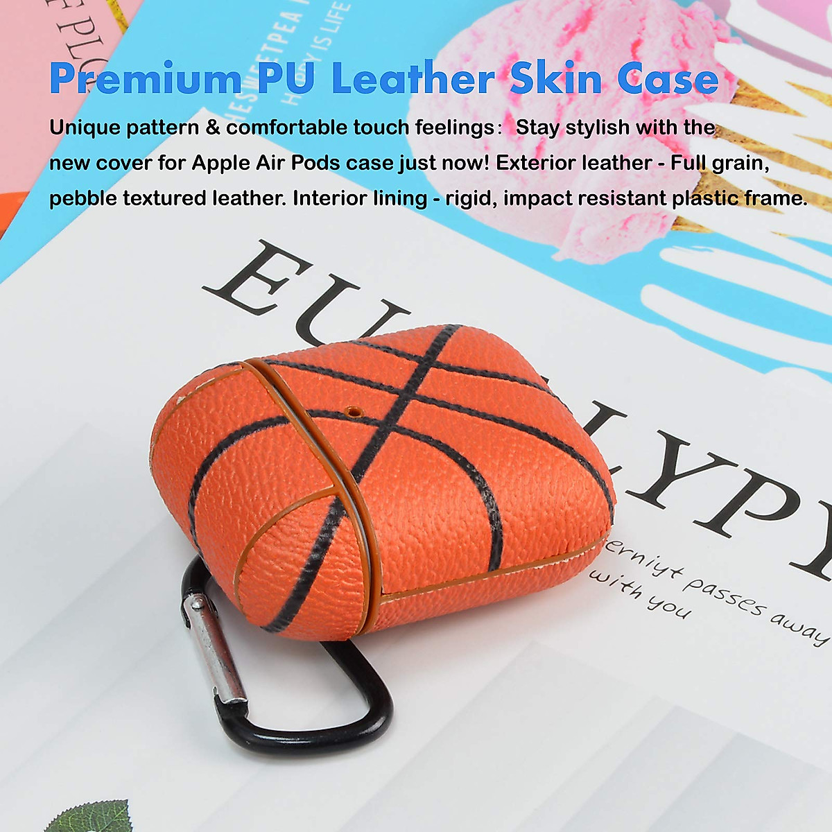 NJJEX AirPods Case, AirPods PU Leather Hard Case, Portable Protective Shockproof Earphone Accessories Cover w/Carabiner/Keychain Compatible for Apple AirPods 1/ Airpods 2 Charging Case [Basketball]