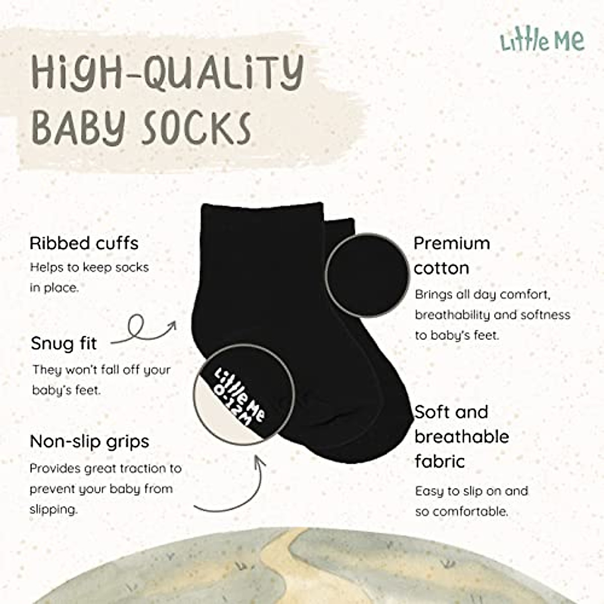 Little Me baby girls Solid Color Pack Newborn Infant Toddler Unisex Socks, Black, 0-24 Months US