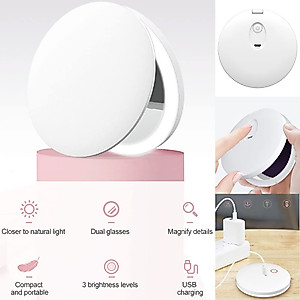 CigyYogy Small LED Compact Makeup Mirror Round Handheld Foldable - Magnifying Lighted Pocket Mirrors Double Sided with 1x/2x Magnification - Ideal Gift for Women Girls -White - 1 Pack