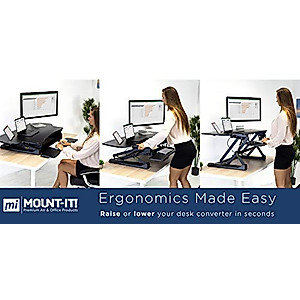Mount-It! Height Adjustable Standing Desk Converter | 48” Wide Tabletop Sit Stand Desk Riser with Gas Spring | Stand Up Computer Workstation Fits Dual Monitors | Black | MI-7925