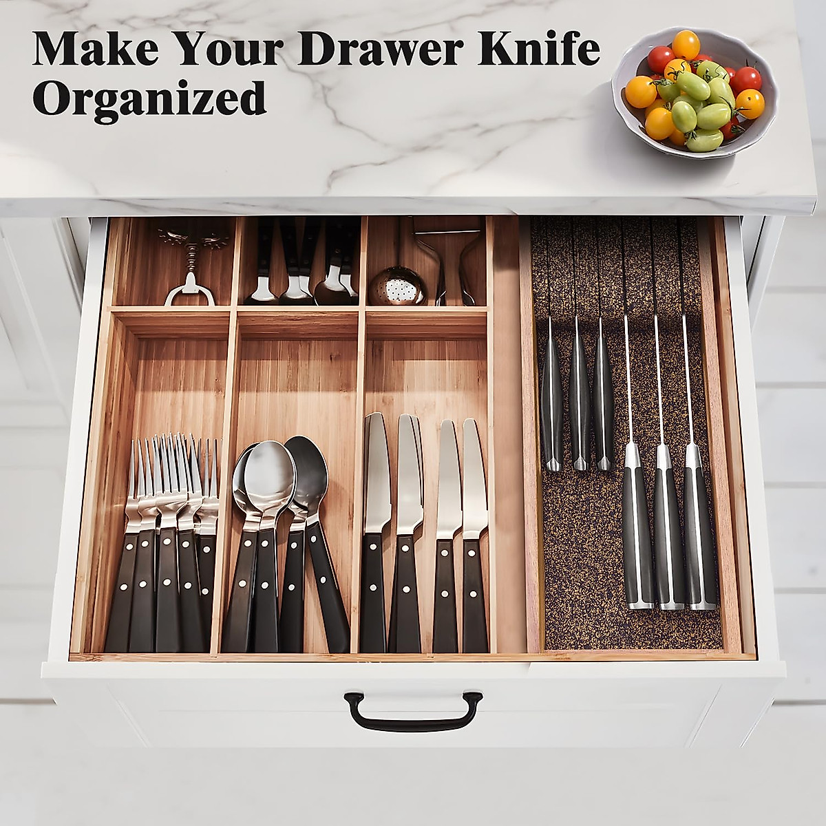 Enoking Knife Drawer Organizer Insert, In Drawer Knife Block, Acacia Wood Knife Holder with Cork Dividers For Kitchen Chef Steak Knife Storage Keep Drawer Tidy