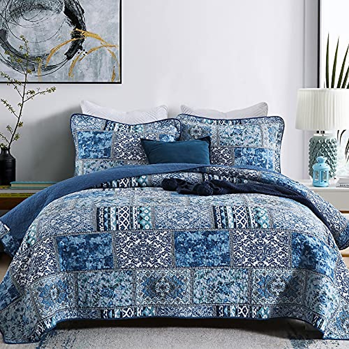 Blue Bohemain Bedspread King Quilt Set, 100% Cotton Coverlet King, Reversible Rustic Patchwork Printed Bedding Quilt Coverlet, 3 Pieces Boho Cotton Quilt Set for All Season King for Summer 94”x106“”