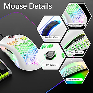 ZIYOU LANG M5 RGB Lightweight Wired Gaming Mouse with 12000 DPI 6 Programmed Buttons,65G Honeycomb Shell,Ultralight Ultraweave Cable,Pixart 3325 Optical Sensor Gamer Mice for Laptop PC Mac(White)