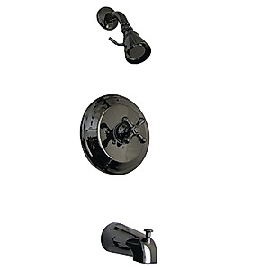 Kingston Brass NB3630AX Water Onyx Pressure Balanced Tub & Shower Faucet with Metal Cross Handle, Black Stainless Steel