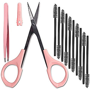 4" Curved Craft Scissors Stainless Steel Unisex Eyebrow Kit Eyebrow Scissors, Slant Tweezers And Eyebrow Brush for Eyebrow Eyelash Extensions (Pink Set)