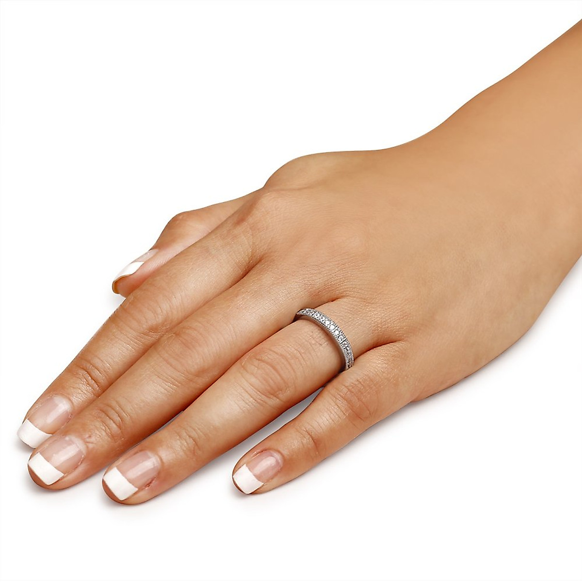 Size - 8.5 - Solid 14k White Gold 3mm Round Cut Milgrain Pave Set Anniversary Ring Wedding Band CZ Cubic Zirconia 1/2 cttw.