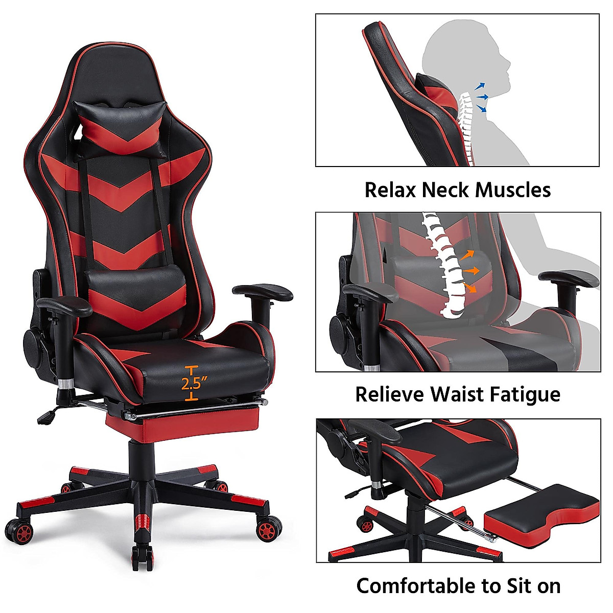 Yaheetech Computer Gaming Chair High Back Ergonomic Desk Chair Racing Style Reclining Chair PU Leather Task Chair with Footrest Headrest/Armrest/Lumbar Support/Height Adjustable