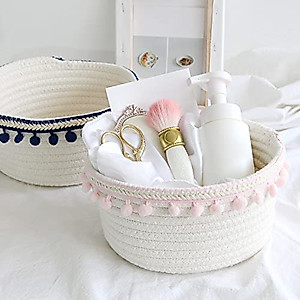 PHEZEN Cotton Rope Basket Bins, Small Woven Storage Baskets for Toy Storage Snacks Clothes Cosmetic Fruits Books Sundries Soft Storage Bins, Boho Woven Storage Baskets Decor Pink (20.5cm x 9.5cm)