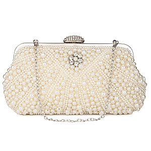 UBORSE Women Pearl Clutch Bag Noble Crystal Beaded Evening Bag Wedding Clutch with Pearl Chain (Cream-coloured)