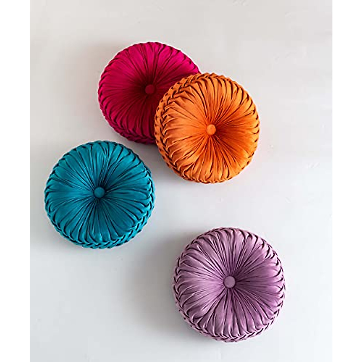 Cassiel Home Summer Home Pleated Velvet Round Throw Pillow Turqoise Summer Pintuck Decorative Pillow for Couch Sofa Bed Armchair Lounge Garden Patio Bench or Bedroom Floor Cushion 14.5 inches