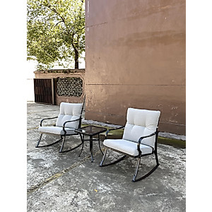CHARMMA 2pcs Patio Rocking Chairs with Steel Frame and Soft Cushions,Rocker Set Chair and Teapoy,Outdoor Rocking Chair with Armrest for Lawn,Backyard,Porch Garden Bistro Set Off White