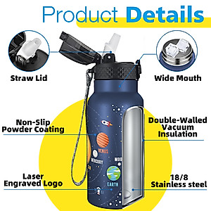Han's Bottle Kids Water Bottle with Straw Lid - Insulated Stainless Steel Reusable Tumbler for Girls,Boys,Thermo Mug,17oz,Space Planet