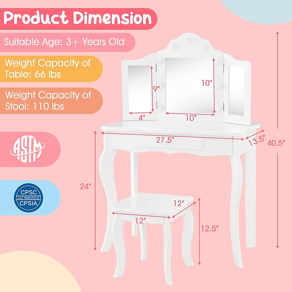 Costzon Kids Vanity, Girls Vanity Set with Mirror and Stool and Lights, Drawer, 2 in 1 Wooden Princess Makeup Desk Dressing Table, Toddler Vanity, Pretend Play Kids Vanity Table and Chair Set (White)