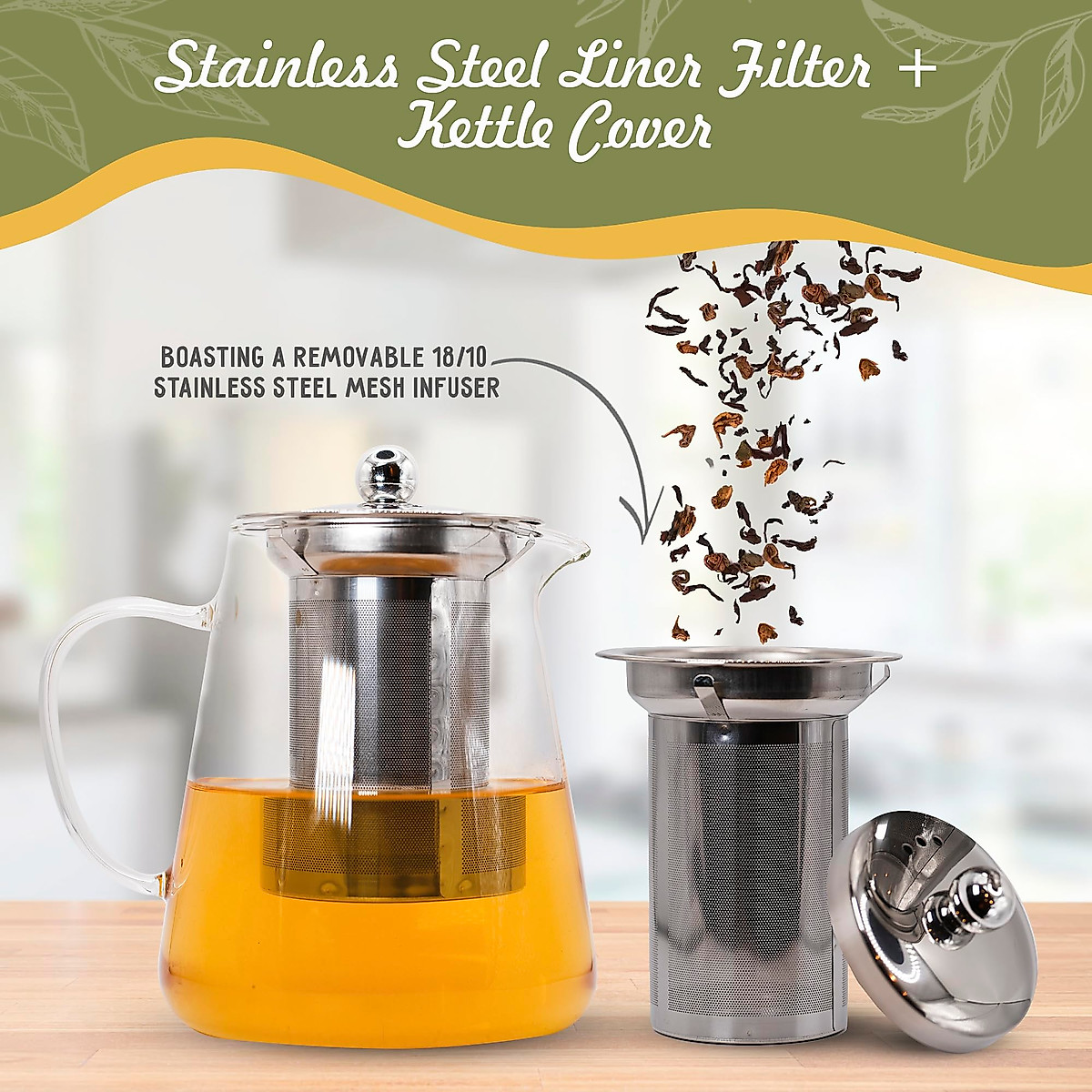 Generic Glass Teapot with Removable Stainless Steel Infuser (32oz / 950ml) - High Borosilicate, Stovetop & Microwave Safe, Heat-Resistant Tea Kettle - Blooming & Loose Leaf Tea, Clear