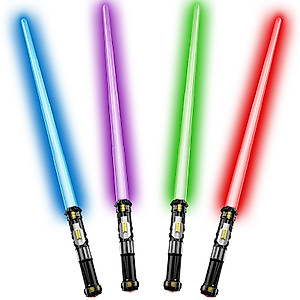 4 Pack Light up Sword Saber with FX Sound (on-Off Control) and Full Retractable Handle, 4 Colors LED Glow in The Dark Toy for Kids Adult