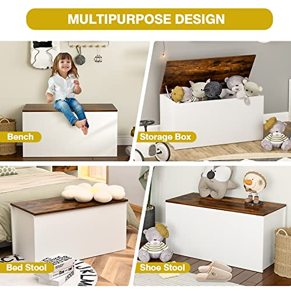 Costzon Kids Toy Box Storage Chest, Wooden Children Storage Bench Ottoman Trunk w/Flip-top Lid, 35.5” Wide Toddler Cabinet Organizer w/Pneumatic Rod for Kids Play Room Nursery (Rustic Brown + White)
