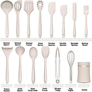Silicone Cooking Utensil Kitchen Utensil Set, 24 Pcs Non-stick Cooking Utensils Spatula Set with Holder by AIKKIL, Heat Resistant Kitchen Gadgets Tools Set for Cookware(Khaki) Roll over image to zoom