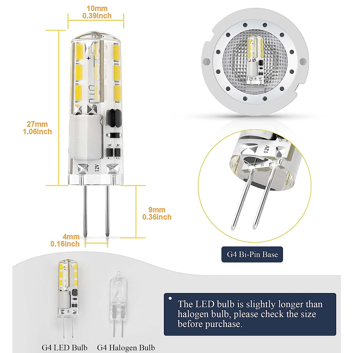 DiCUNO G4 LED Bulbs 12V 1.2W T3 10W Halogen Bulbs Replacement, JC Type G4 Bi-Pin Base Light Bulbs Non-dimmable, Daylight White 6000K, 120 LM for Landscape, Under Cabinet/Counter, RV Lighting, 10PCS