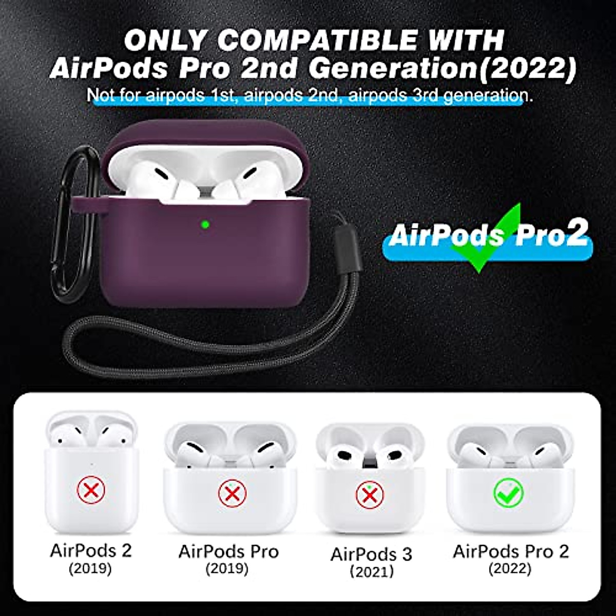 AIRSPO Airpods Pro 2nd Generation Case Cover 2022, Soft Silicone Shockproof Protective Case with Keychain AirPods Pro 2 Lanyard Case (Dark Purple)