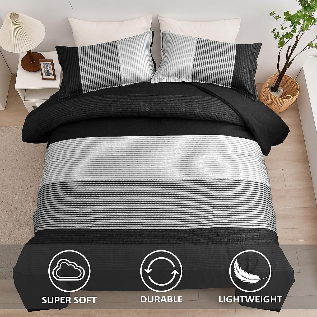 WONGS BEDDING Black Comforter Set Queen, Reversible Black Grey Stripe Down Alternative Comforter for All Season,3 Pieces(1 Patchwork Comforter+2 Pillowcases), Soft Microfiber Bedding Set 90"×90"