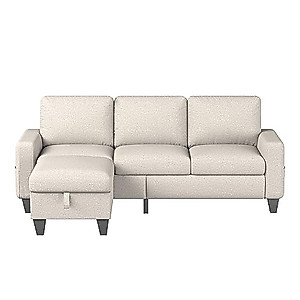 Sunrise Coast Sectional L-Shaped Sofa Modern Linen Fabric 3-Seat Couch with Convertible Storage Ottoman Beige Living Room Furniture Set for Apartment Loft Small Spaces