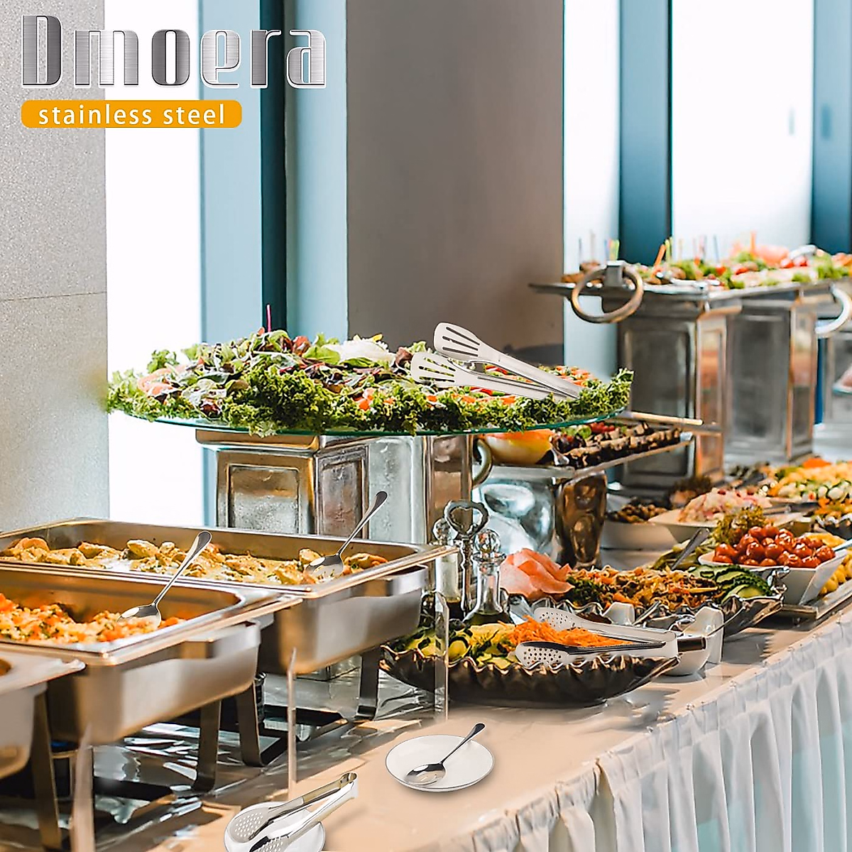 8 Pieces Stainless Steel Flatware Serving Utensils, Include 2 Serving Spoons, 2 Slotted Spoons, 2 Tongs and 2 Forks for Party Buffet Banquet Kitchen