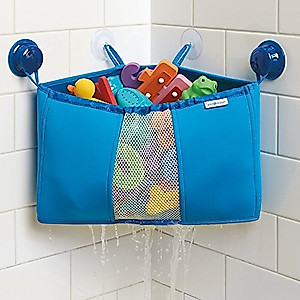 iDesign IDjr Neoprene Suction Cup Corner Bathroom Shower Caddy Basket, Baby Bath Toy Organizer, 13.5" x 11" x 11" - Blue