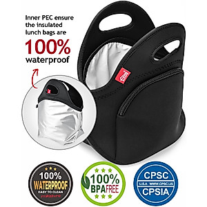 Yookee Home Neoprene Lunch Bag for Men, Black with Pocket, 12.5"L x 6.5"W x 12.5"H