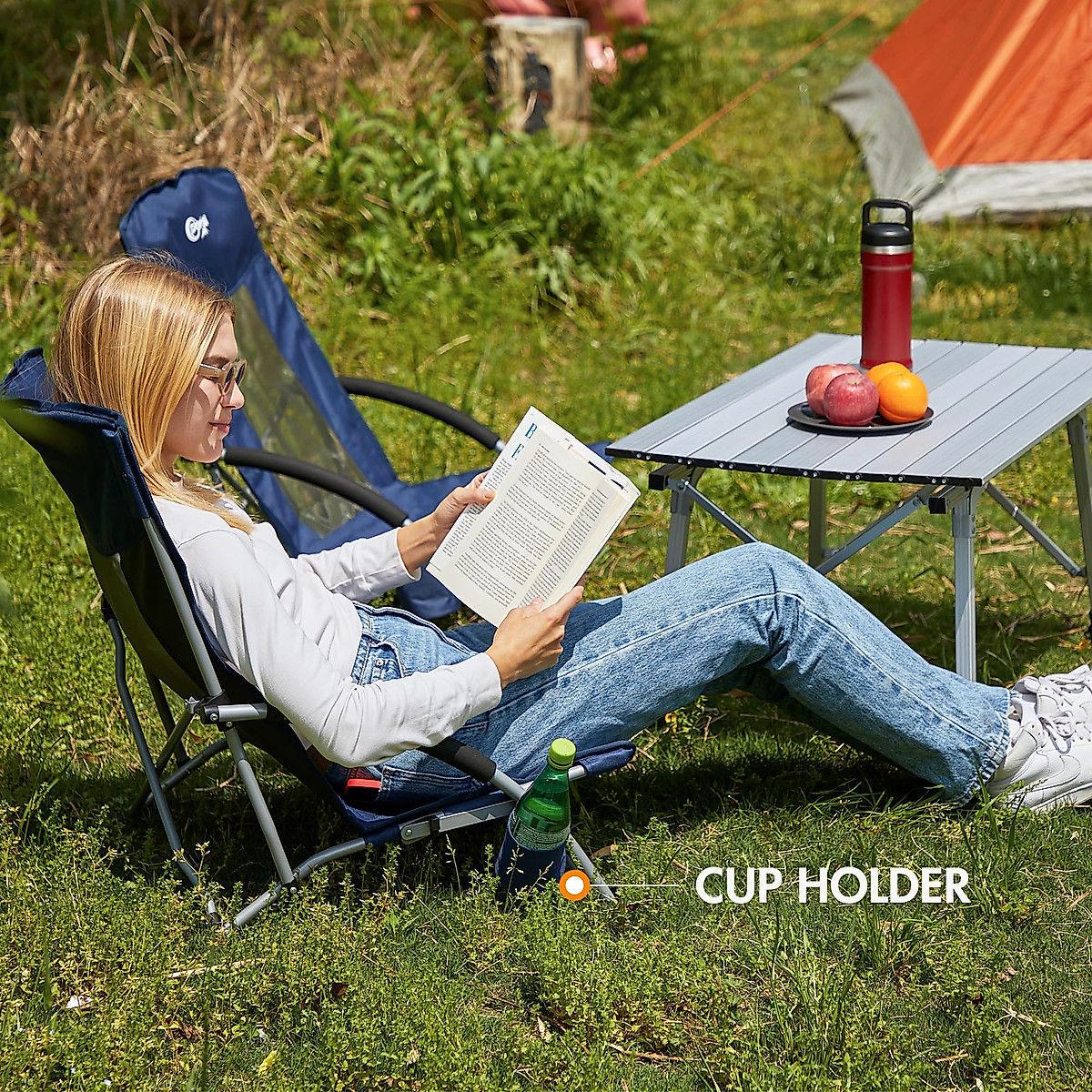 PORTAL Beach Chairs for Adults 2 Pack High Back Low Folding Camping Chair Portable Lightweight with Cup Holder for Travel, Concert, Lawn, Festival, Support 350lbs