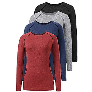 Star Vibe Dry Fit Long Sleeve Tshirt for Women Moisture Wicking Long Sleeve Tee Outdoor Compression Running Workout Tops 4 Pack Black/Grey/Navy/Wine red L