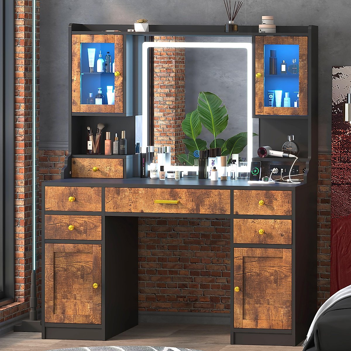 Dnxao Large Make up Vanity Desk with Mirror and Lights,3 Lights Mode and Brightness Adjusted by Touch Button, Built-in Power Strip and 6 Drawers,4 cabinets,2 cabinets with RGB Lights, Rustic Brown