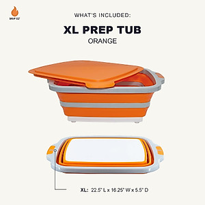 Drip EZ Collapsible BBQ Prep Tub - For Meal Prep, Marinating, Food Storage - Includes Cutting Board & Lid - (1) XL - Orange