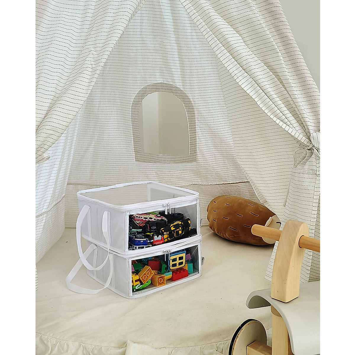 holay 2 Pack 12''x12''x6'' Storage Bins [White] 13L Capacity PVC Boxes Transparent Lid Handles - Durable Foldable - Multi Purpose Toy, Clothes, Blocks Organizer for Kids, Toddlers, Playroom[Medium]
