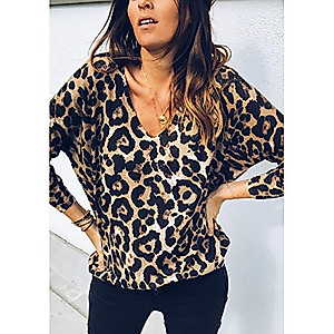 T-shirt for Women THENLIAN Women Plunge V Neck Leopard Print T-shirt Top Long Sleeve Autumn Blouse (Multicolor, L)