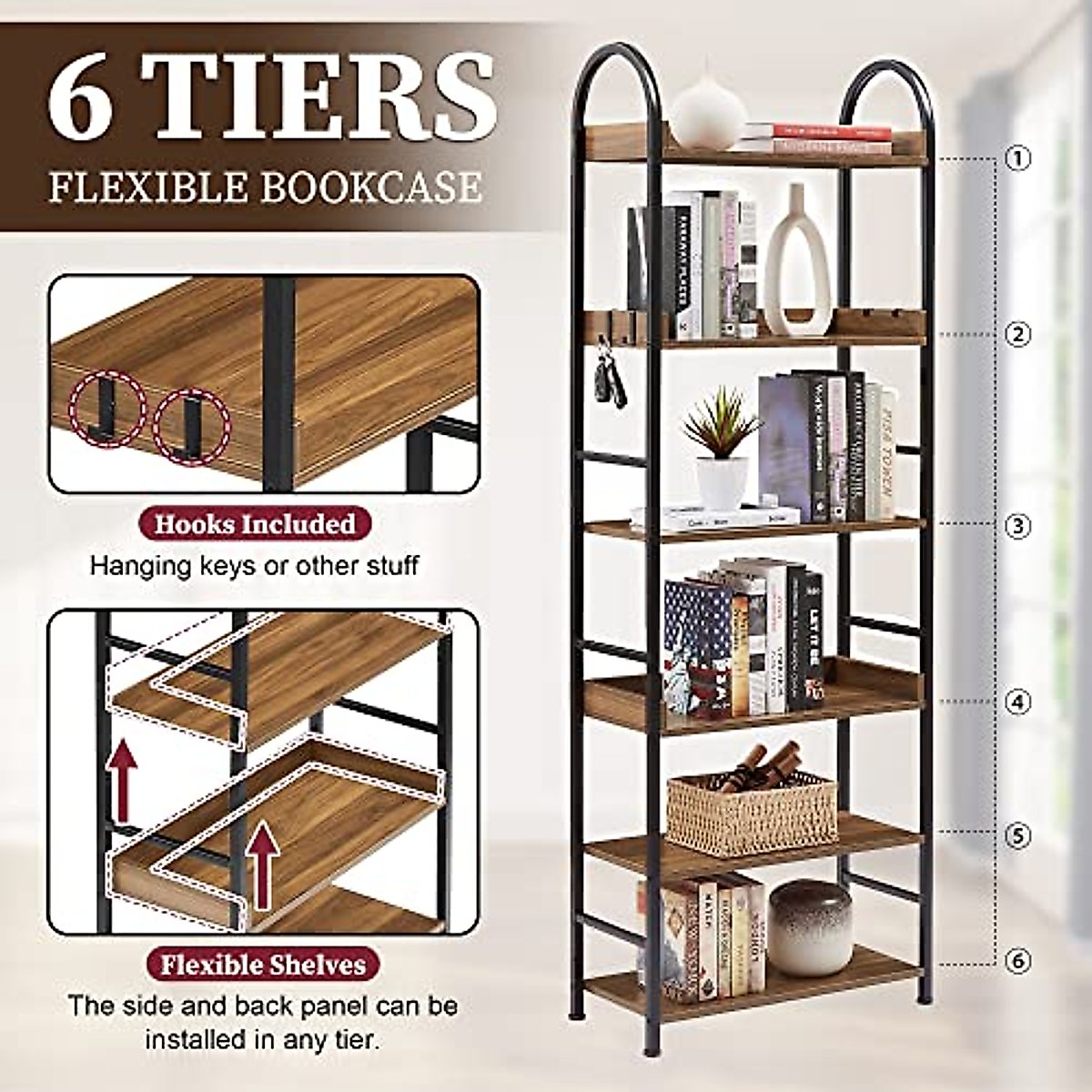 Merax 6 -Tier Tall Bookshelf Bookcase, Open Industrial Open Storage and Display Shelves with Hooks