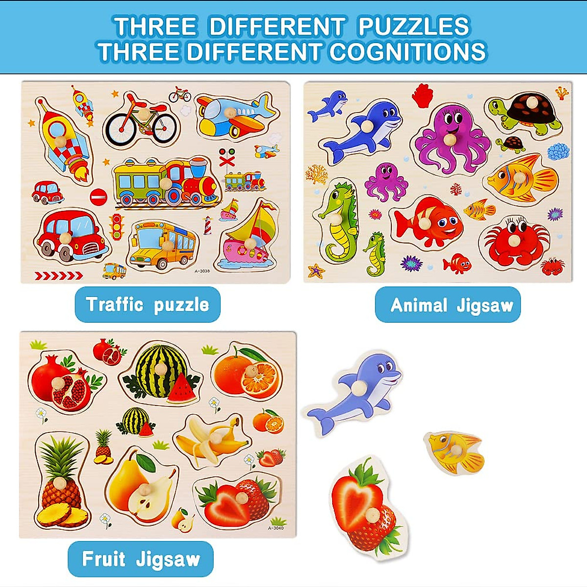 Wooden Peg Puzzles for Toddlers, 3 Pack Ocean Transportation Fruit Puzzles for Kids 1-3 Years Old, Early Educational Preschool Learning Puzzles Toys for Boys and Girls Ages 1 2 3 4 5