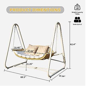 Domi Outdoor Patio Porch Swing, 2-Seat Hanging Swing Chair with Thickened Cushions and Pillow, Rattan Porch Swing Chair Outdoor Hammock Chair for Porch, Backyard, Garden