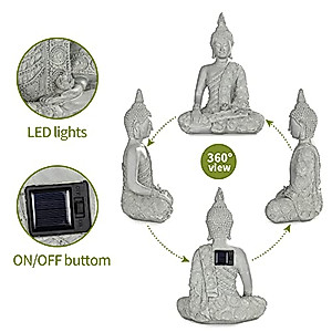 CHRUI Solar Outdoor Buddha Statue, 13 Inch Antique Thai Shakyamuni Sitting Statue Resin- Home & Outdoor Decor for Garden, Patio, Deck, Porch - Yard Art Decoration